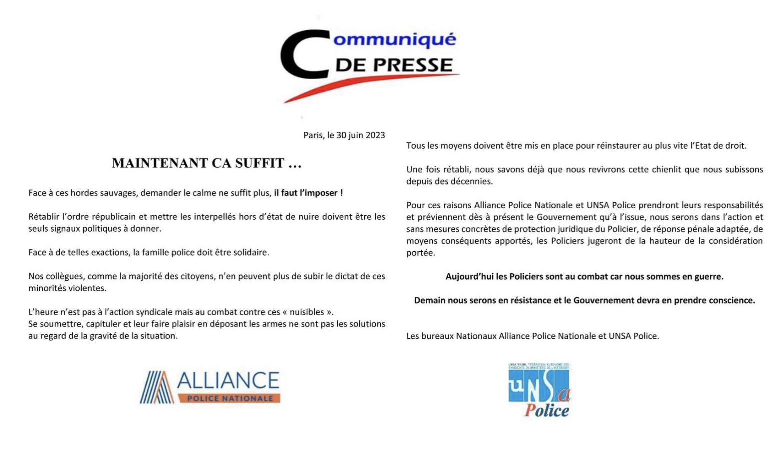Communiqué d'Alliance et UNSA Police : "Aujourd'hui, les Policiers sont au combat contre ces ...