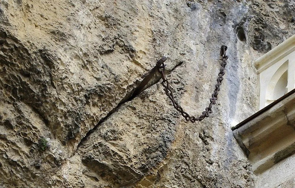Replicata of the Durandal sword embedded in the stone of the shrine of ...